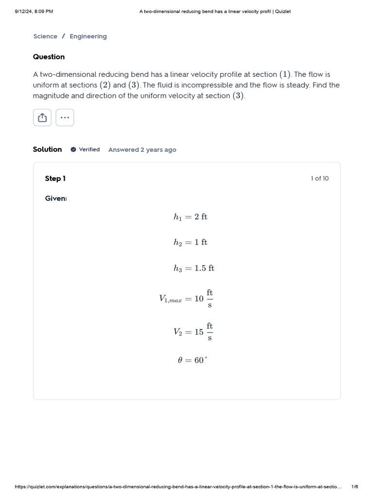 A Two-Dimensional Reducing Bend Has A Linear Velocity Profil - Quizlet ...