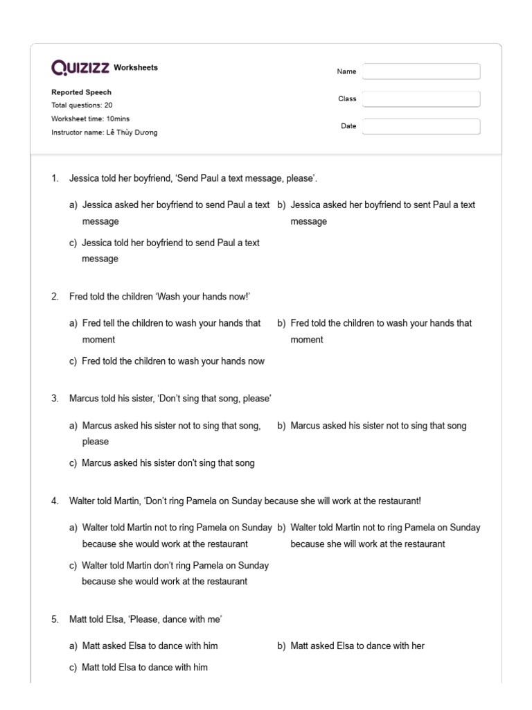 Reported Speech Worksheets for Practice | PDF