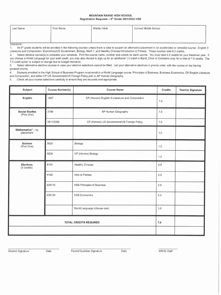 HSB - 9th Grade Course Request Worksheet 2021-22 - Most Updated and ...