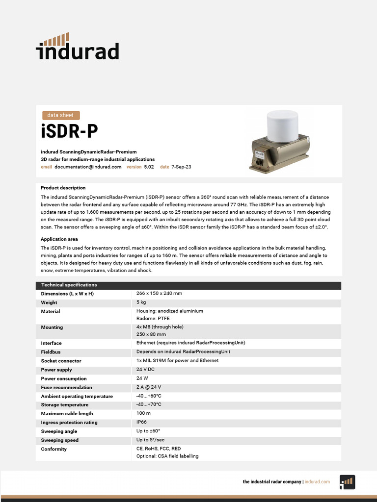 Indurad ScanningDynamicRadar-Premium iSDR-P Data-Sheet en R05.02 | PDF | Radar | Radio Technology