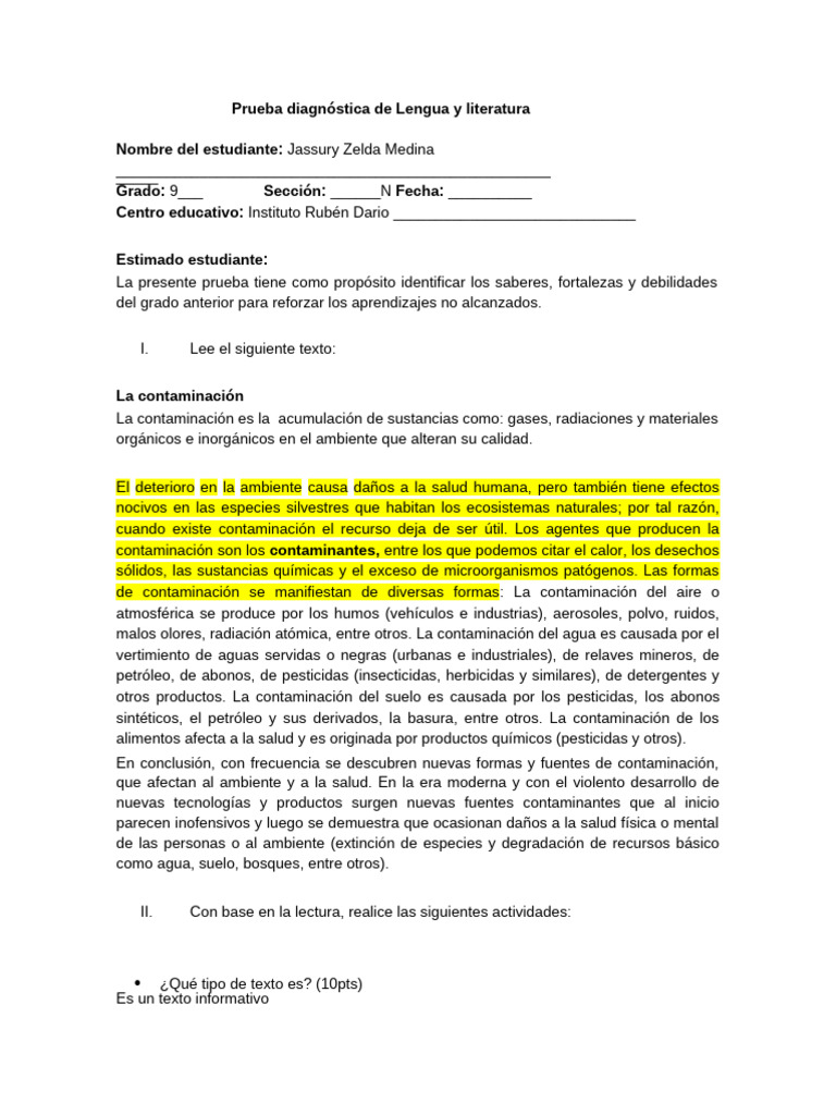 Prueba Diagnóstica de Lengua y Literatura-3 | PDF | Contaminación ...