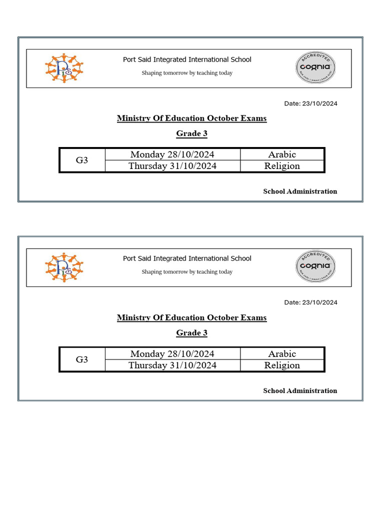 Grade 3 October Exam Schedule 2024 | PDF
