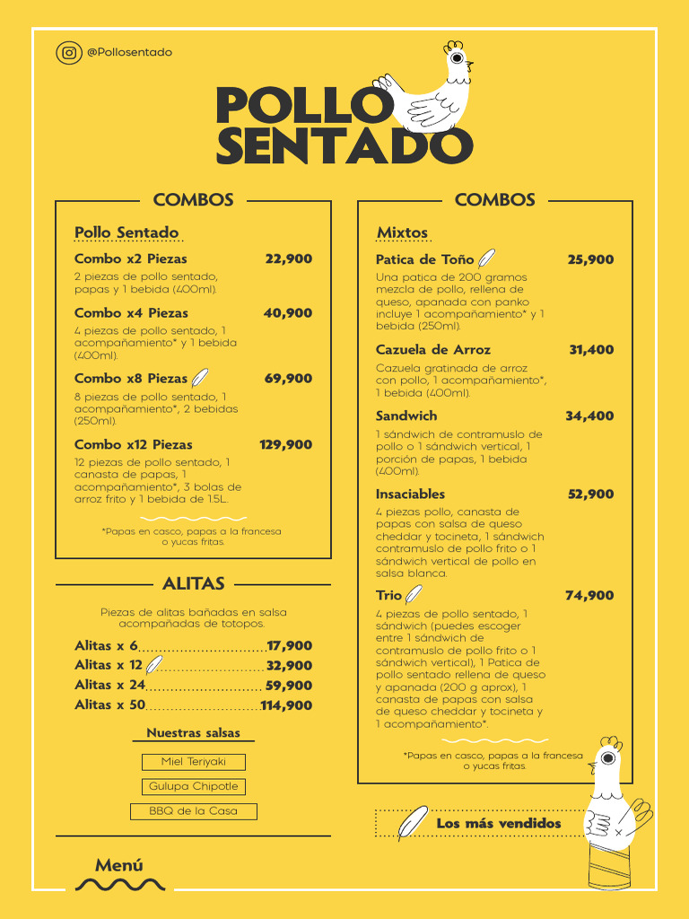 Menú de Pollo Sentado y Combos | PDF | Papas fritas | Cocina norteamericana