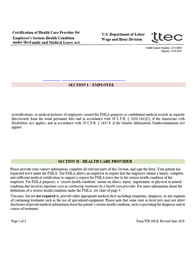 SI.4 - FMLA Certification For Employee Serious Health Condition ...