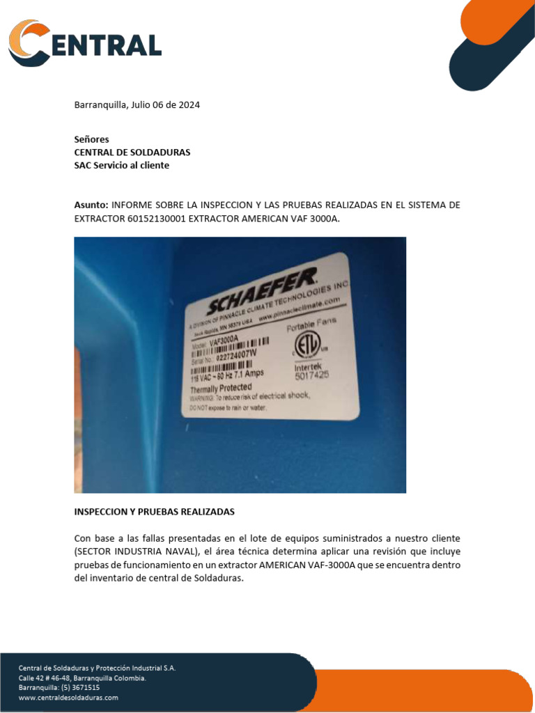 Informe Vaf-3000 Sac | PDF | Soldadura | Construcción