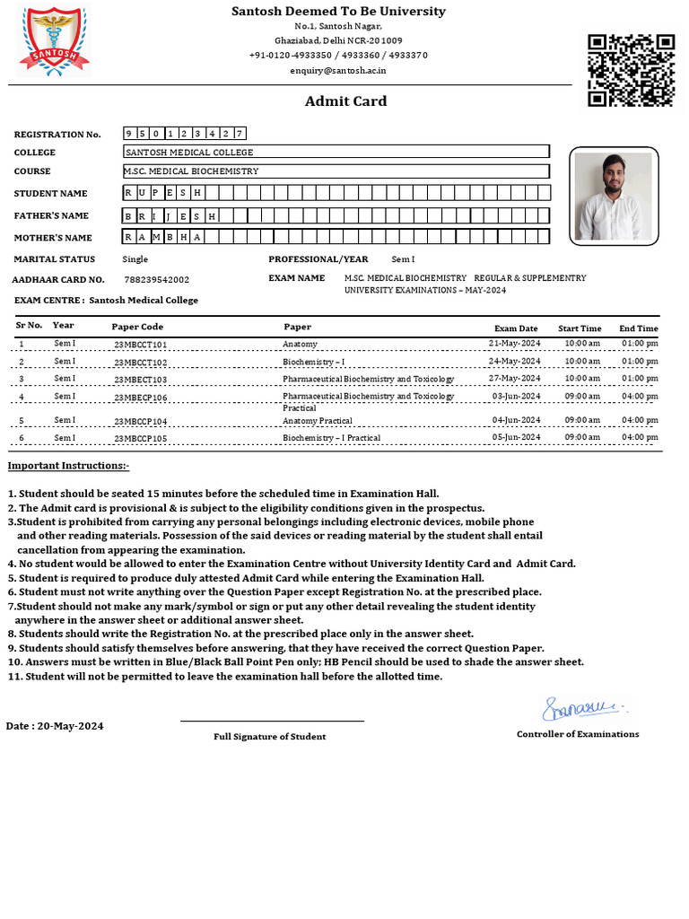 Admit Card Sem1 | PDF