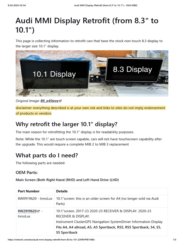 Audi MMI Display Retrofit (From 8.3 - To 10.1 - ) - VAG MIB2 | PDF ...