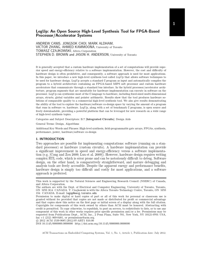 LegUp - An Open Source High-Level Synthesis Tool For FPGA-Based Processor or Accelerated Systems ...