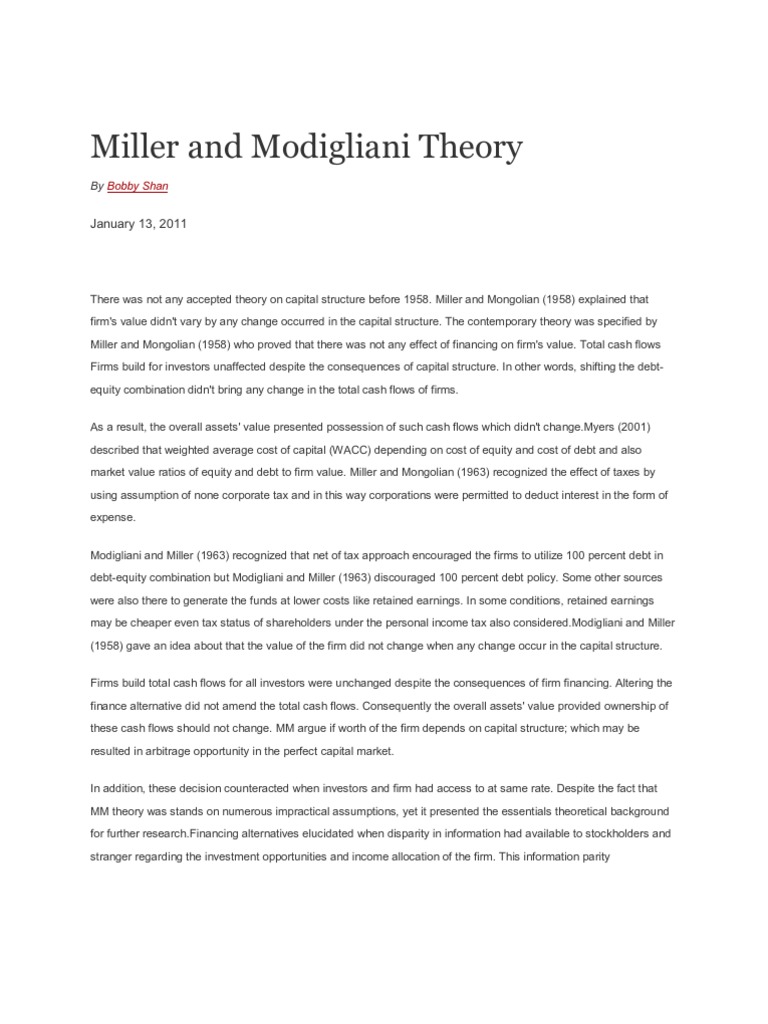 Miller and Modigliani Theory | PDF