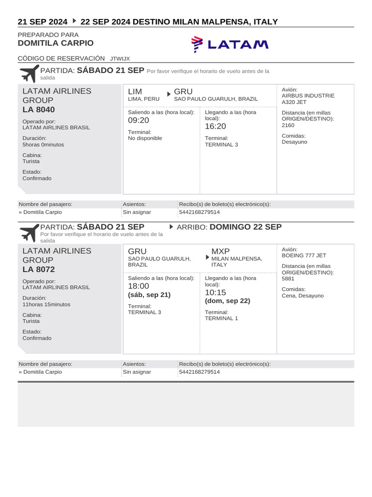 Reserva de Viaje Septiembre 21 para DOMITILA CARPIO | PDF | Aviación ...