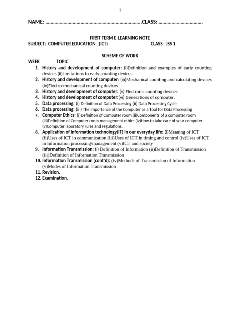Ict JSS 1 1ST Term Reviewed | PDF | Fax | Integrated Circuit