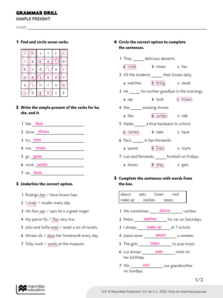 Grammar Drill 02 Simple Present Tense Answer Key | PDF | Linguistics ...