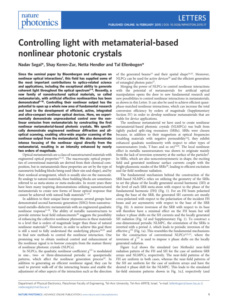 Nonlinear Control in Metamaterial Crystals | PDF | Nonlinear Optics ...