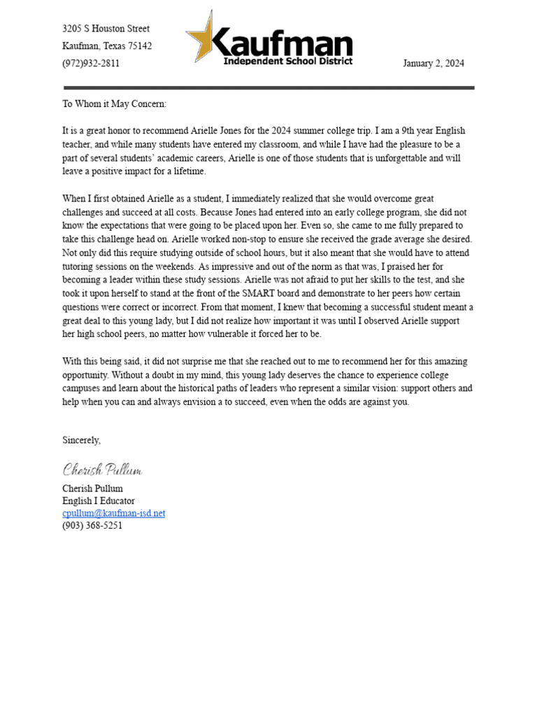 Recommendation for Arielle Jones' College Trip | PDF