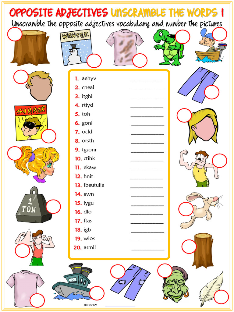 Opposite Adjectives Vocabulary Esl Unscramble The Words Worksheets For Kids | PDF