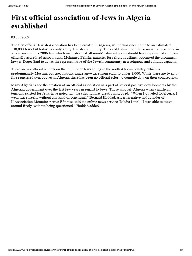 First Official Association of Jews in Algeria Established - World ...