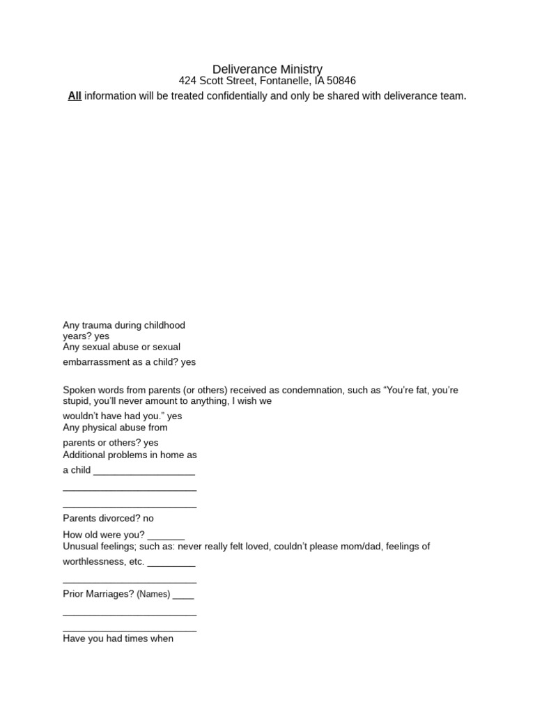 Deliverance Ministry Questionnaire | PDF | Jesus | Deliverance Ministry