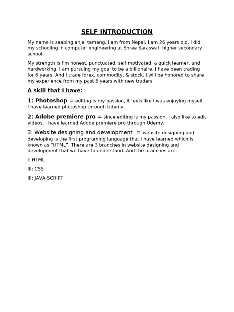 Self Introduction | PDF | Career & Growth | Self-Improvement