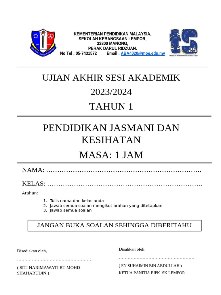 Front Cover UPSA PJPK TAHUN 1 | PDF