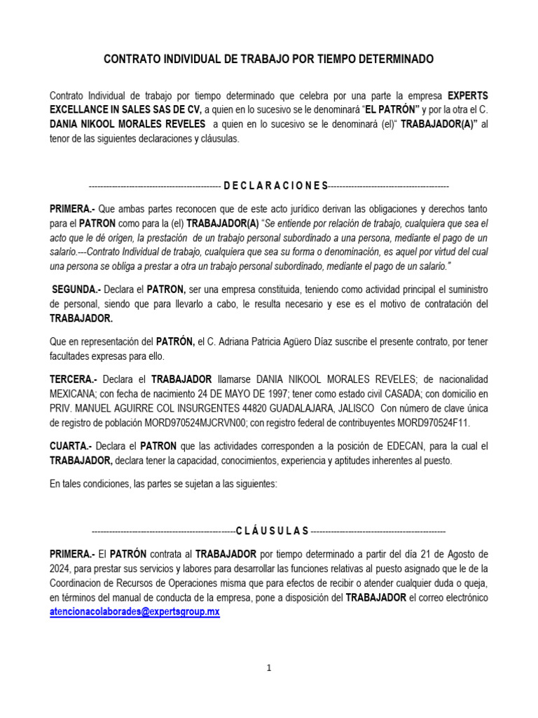 Contrato Individual de Trabajo | PDF