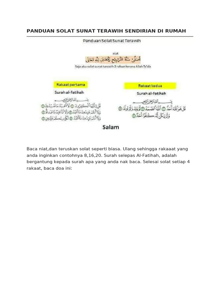 Panduan Solat Sunat Terawih Sendirian Di Rumah | PDF