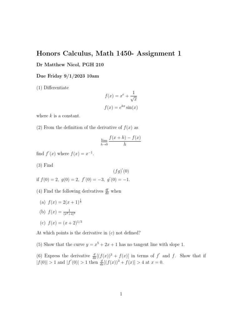 Honors Calculus Assignment 1 Solutions | PDF | Derivative | Tangent