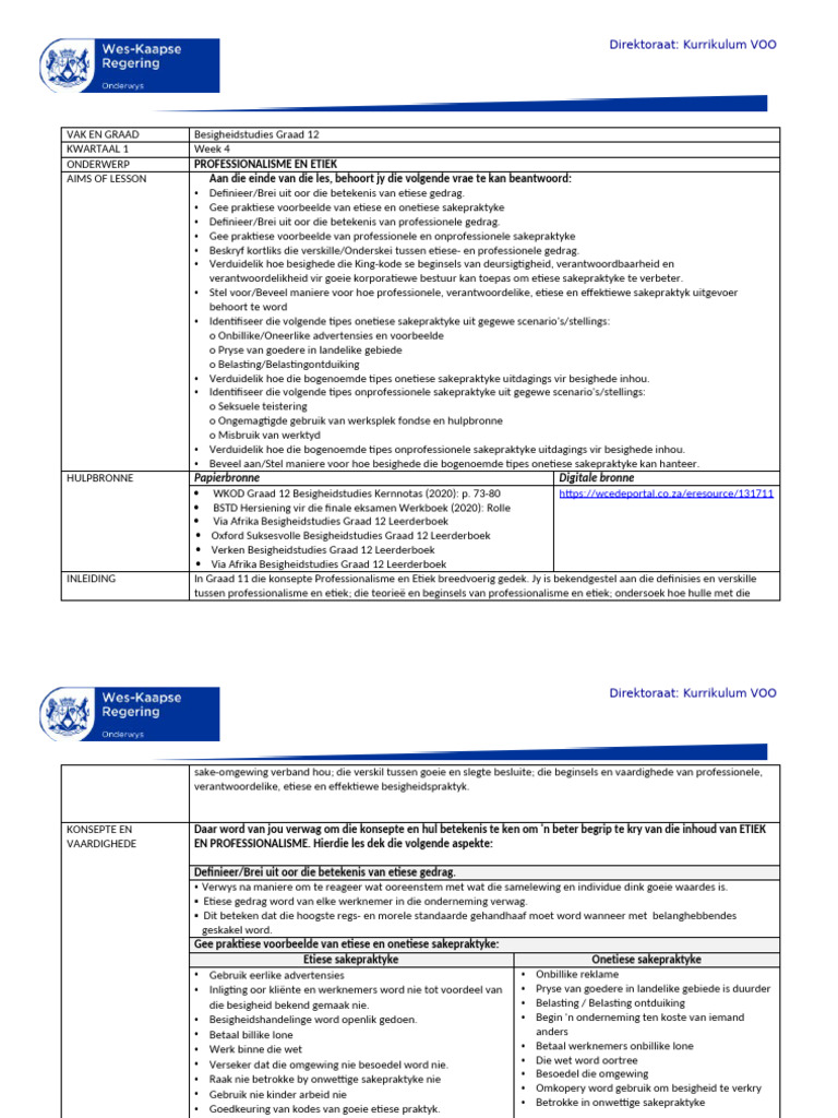 2021 BSTD GR 12 Term1 Week 4 Etiek & Professionalisme | PDF