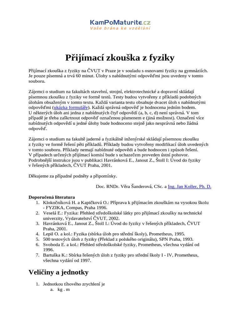 Uuu/data/usr 039 Amos/prijimaci Zkouska Z Fyziky Cvut | PDF