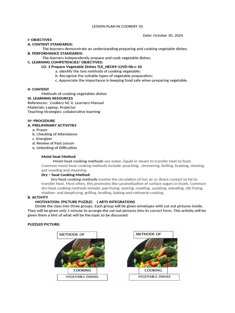 Lesson Plan in Cookery 10 Cooking Methods of Vegetable Dishes | PDF ...