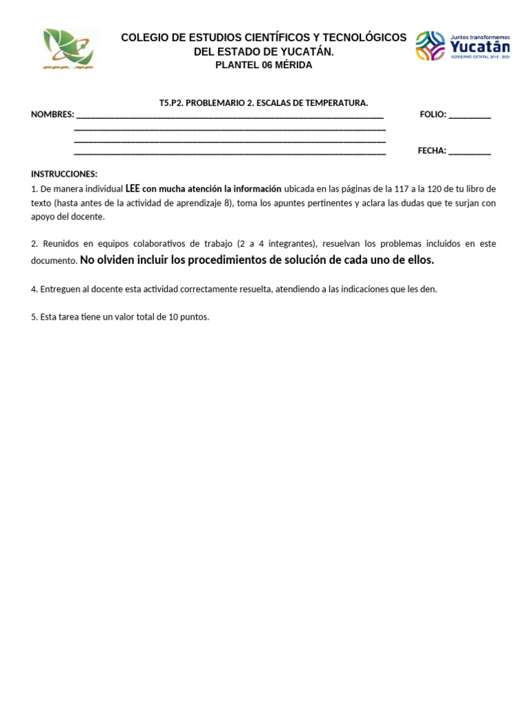 T5.P2. Problemario 2 | PDF | Temperatura | Fahrenheit