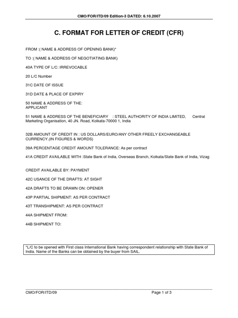 Letter Credit Format Cfr | Letter Of Credit | Cargo