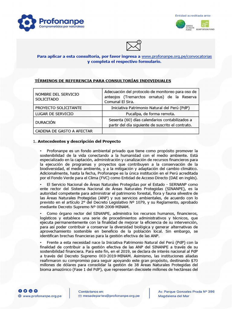 TDR Protocolo de Monitoreo Oso de Anteojos | PDF | Entorno natural | Fauna