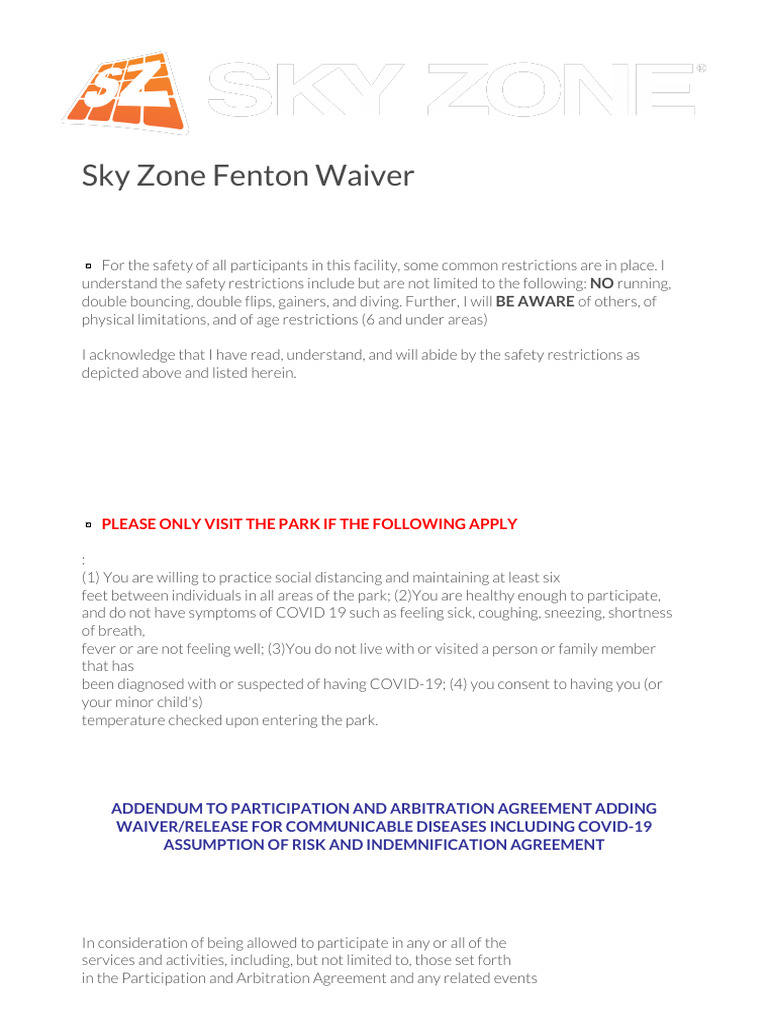 Sky Zone Fenton Waiver: Please Only Visit The Park If The Following ...