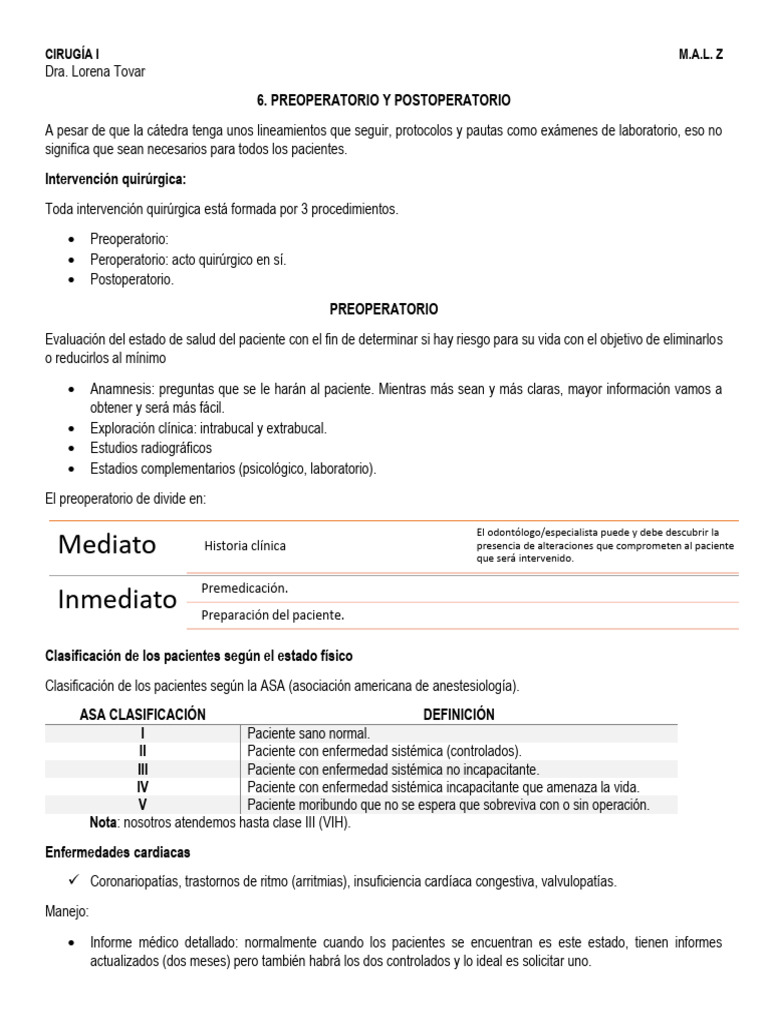 Preoperatorio y Postoperatorio | PDF | Medicina | Enfermedades y trastornos