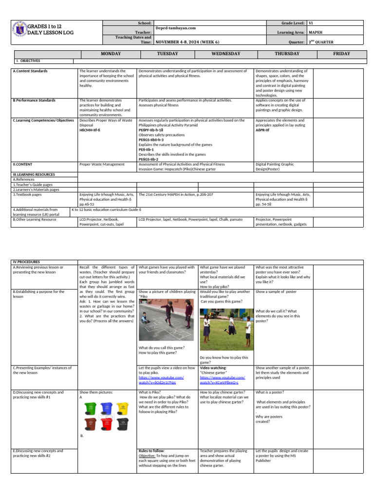 DLL_MAPEH 6_Q2_W6 | PDF | Waste Management | Waste