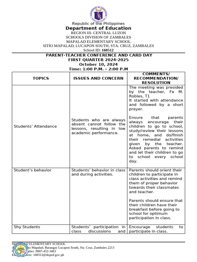 MES - Q1 2024-2025-Minutes-of-the-Meeting - CARD DAY-PARENT TEACHER ...