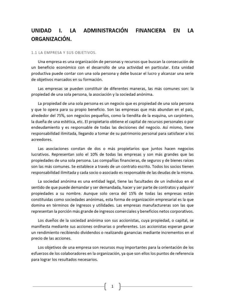 Unidad - 1 - La Admon Financiera en La Organizacion | PDF | Business ...