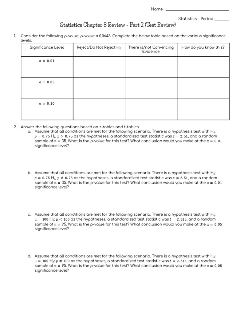 Statistics Chapter 8 Review | PDF | P Value | Statistical Significance