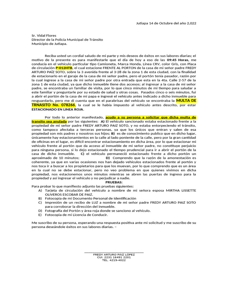 Solicitud A PMP - Por Multa de Transito | PDF