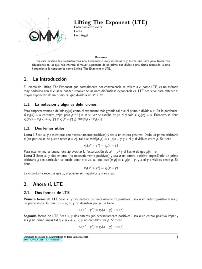 Lifting The Exponent: Método LTE en Matemáticas | PDF | Entero | Número ...