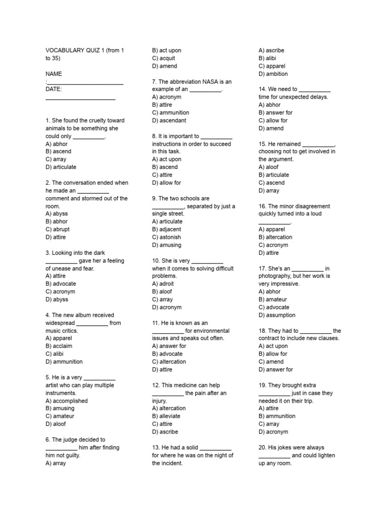 Vocabulary Quiz 1 (1-35) | PDF