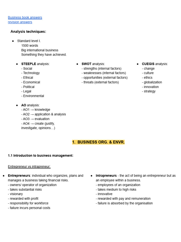Business Management (IB) - Unit 1 - Business Organization | PDF | Franchising | Corporate Social ...
