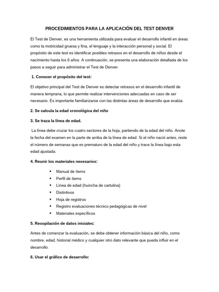 Procedimientos para La Aplicación Del Test Denver | PDF | Ciencia ...