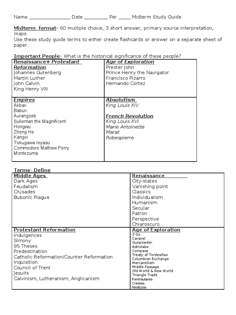 Midterm Study Guide | PDF | Renaissance | Protestant Reformation