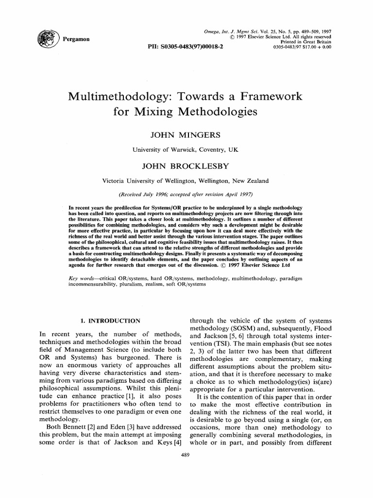 Mingers Brocklesby 1997 Multimethodology Towards A Framework For Mixing ...