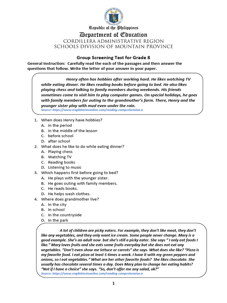 Grade 8 Group Screening Test Guide | PDF | Advertising | Toothbrush