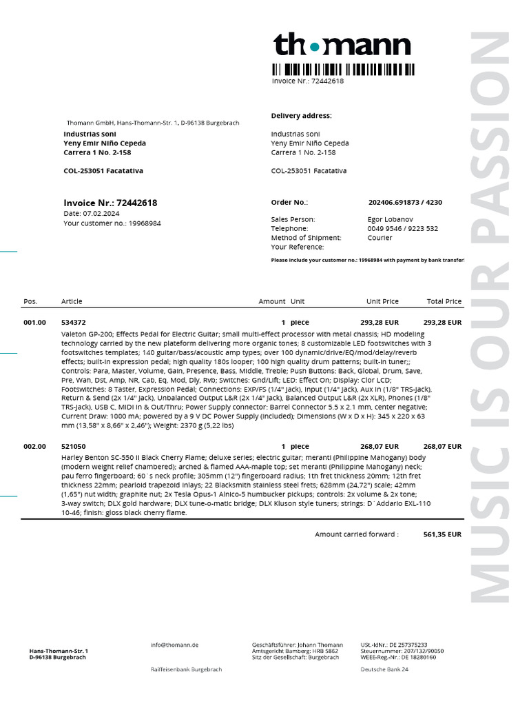 Invoice NR.: 72442618: Delivery Address | PDF | Guitars | String ...