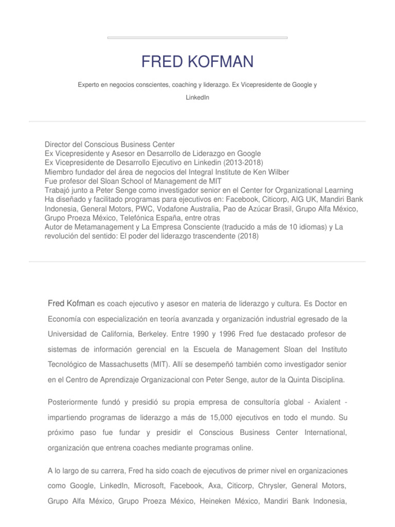 Fred Kofman: Liderazgo Consciente y Coaching | PDF | Business