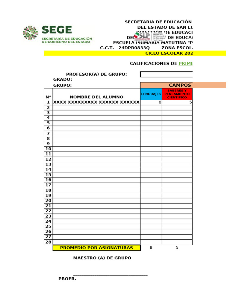 Formato de Concentrado de Calificaciones Por Trimestre 2024-2025 Plan de Once Años | PDF