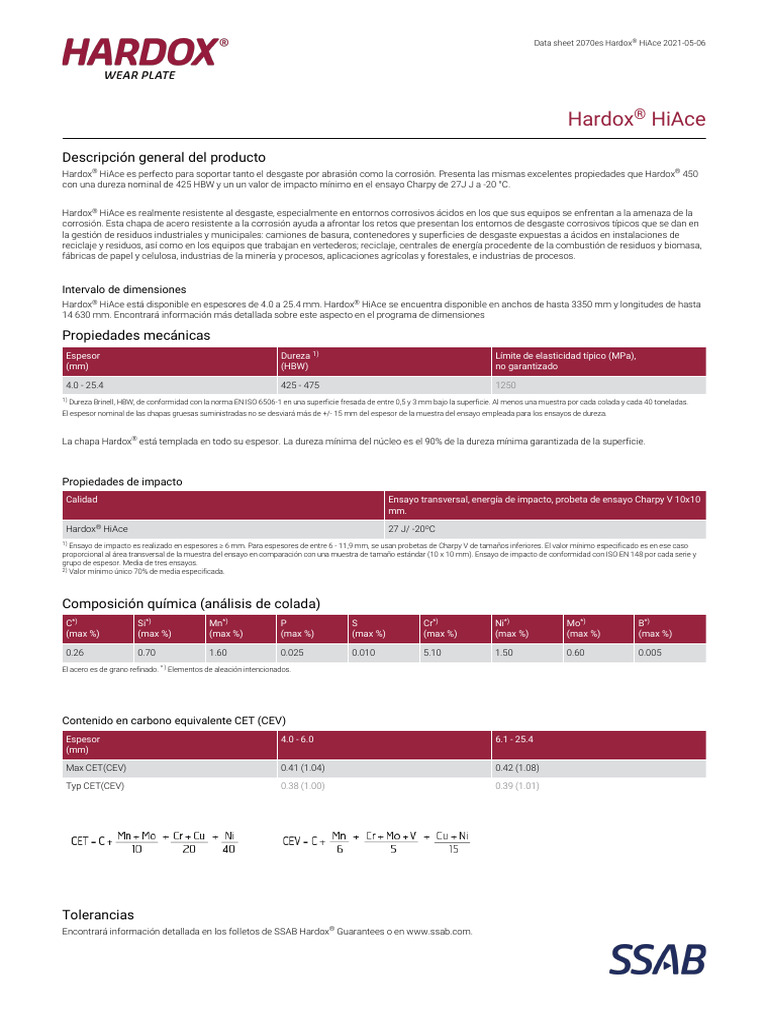 Data Sheet 2070es Hardox® HiAce 2021-05-06 | PDF | Residuos | Dureza